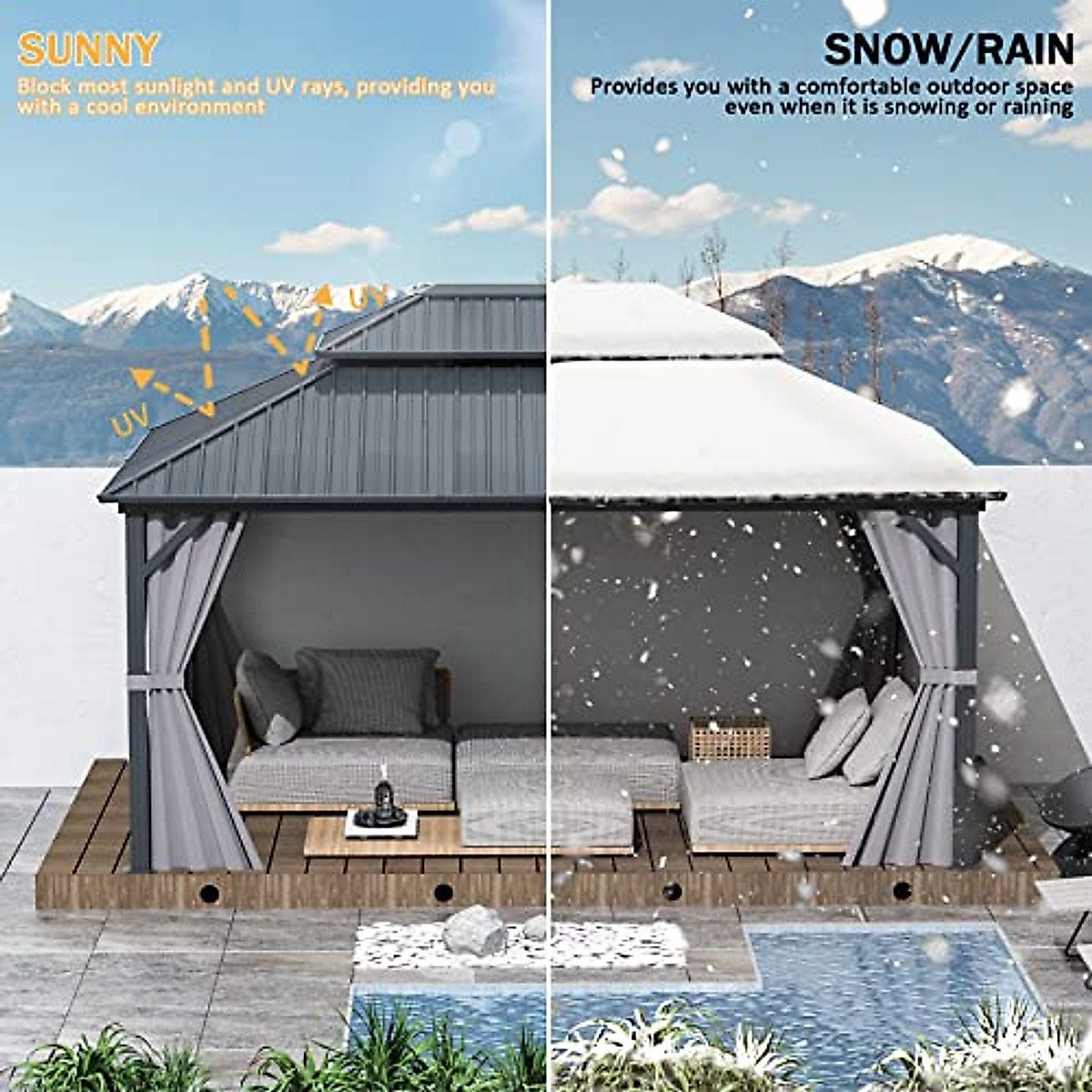 Domi 12’ x 14’ Hardtop Gazebo Canopy Outdoor Aluminum Gazebo, Galvanized Steel Double Roof with Curtains and Netting for Deck, Backyard, Patio, Garden