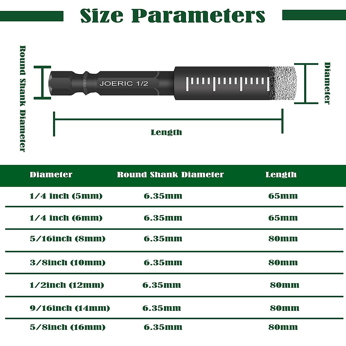JOERIC 9 PCS Black Dry Diamond Drill Bits Set, Hex Shank Diamond Hole Saw Kit with Storage Bottle, for Granite Marble Tile Ceramic Stone Glass Hard Materials (Not for Wood) with Size 3/16'' to 5/8''