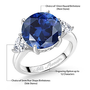 Gem Stone King 925 Sterling Silver Customized and Personalized 12MM Round and 5MM Trillion Cut Gemstone Birthstone 3 Stone Name Engraved Ring For Women (Size 7)