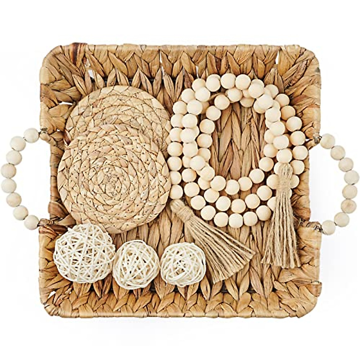 Decorative Tray Square Woven Storage Baskets with Wood Bead Handles Boho Coffee Table Decor Hand-Woven Wicker Serving Tray for Coffee/Fruit