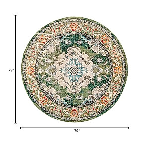 SAFAVIEH Monaco Collection Area Rug - 6'7" Round, Forest Green & Light Blue, Medallion Distressed Design, Non-Shedding & Easy Care, Ideal for High Traffic Areas in Living Room, Bedroom (MNC243F)