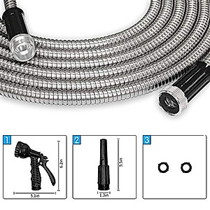 TUNHUI 50FT Heavy Duty Flexible Metal Garden Hose Stainless Steel Water Hose with 2 Free Nozzles Metal Hose Flexible Durable Kink Free and Easy to Store Outdoor Hose
