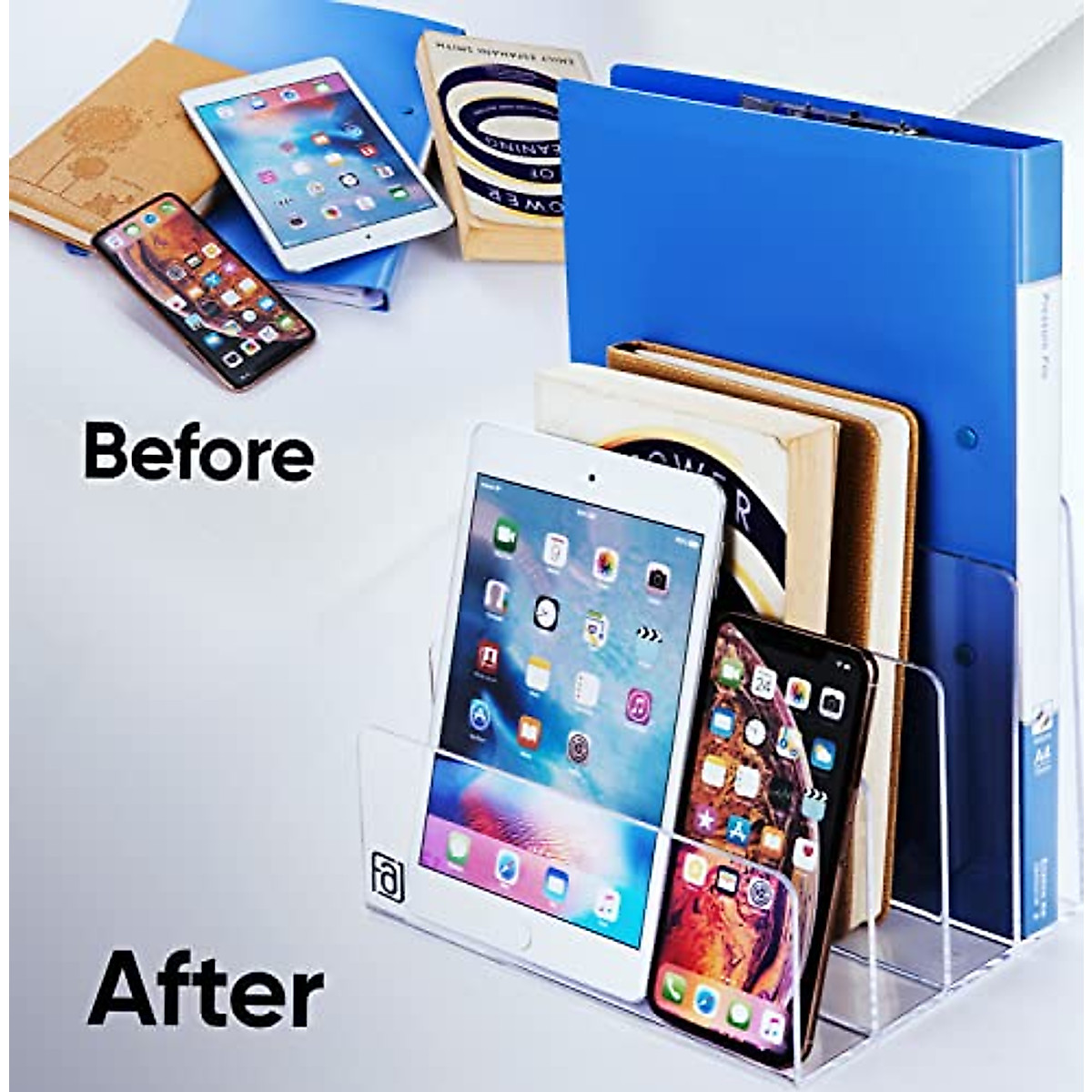 Acrylic File Organizer 4 Section Holder, Laptop, Folder, Palette Makeup, Office, Letter, Notebook, Electronics, Purse, Book, Clear Lucite Paper Sorter, 9-Inch Wide x 7-Inch Deep x 7-Inch High