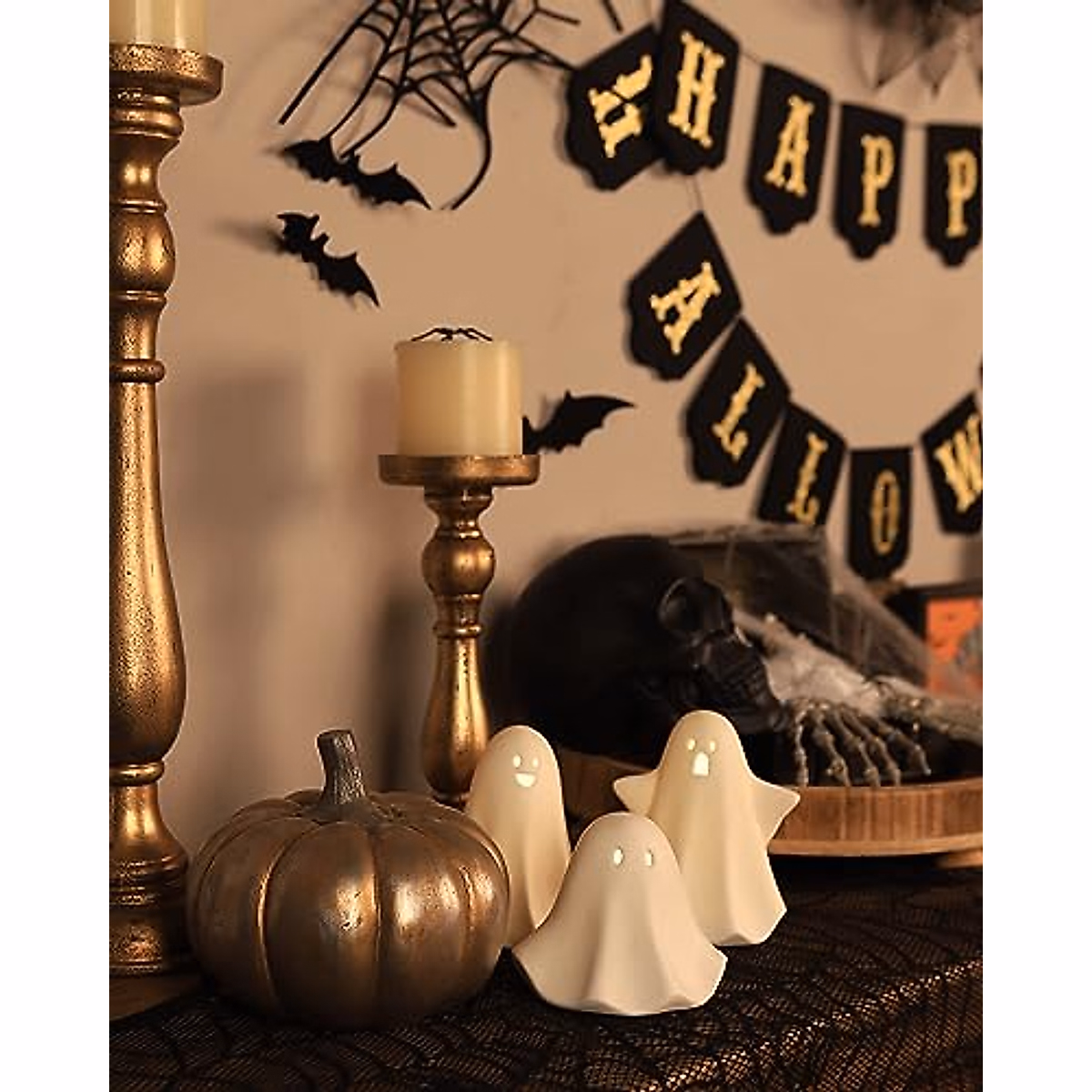 DN DECONATION Cute Ceramic Light Up Ghost Decor, 3PCS Ghost Halloween Decor White Spooky Sculptures, Small Led Ghost Figurines for Indoor Halloween Party Desk Tabletop Centerpieces Decoration
