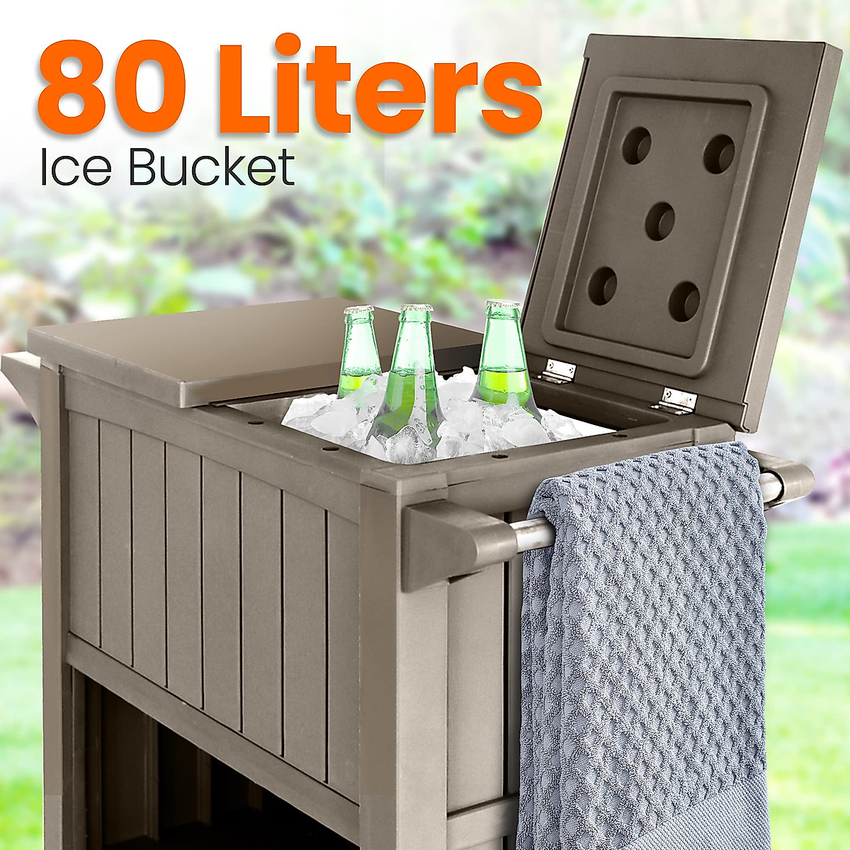 SereneLife 80 Quart Rolling Cooler Ice Chest, Portable Patio Party Bar Drink Cooler Cart on Wheels, Beverage Cart for Pool, includes Ice Bucket, Bottle Opener, and Shelf