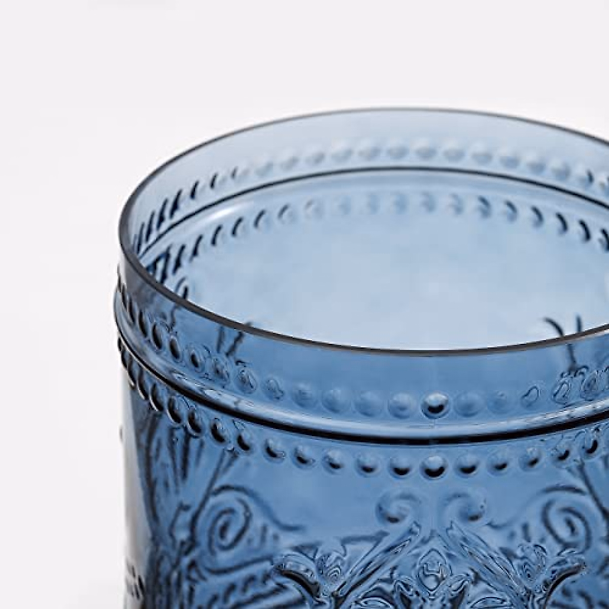 5PCs Dark Blue Glass Bathroom Accessories Set with Decorative Pressed Pattern - Includes Hand Soap Dispenser & Tumbler & Soap Dish & Toothbrush Holder & Wastebasket