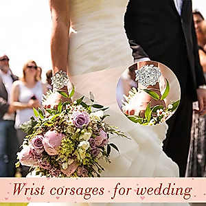 MTLEE 2 Pieces Rhinestone Wrist Corsage Wristlet Bracelet Silk Wrist Flower with Peal and Diamond for Wedding Bridesmaid Bridal Shower Prom Party(Silver Ivory)