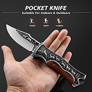 ohmonlyhoo Folding Knife,3.7 inch Pocket Knife with Deer Pattern Rosewood Handle,EDC Knife with Pocket Clip and 7Cr13Mov Blade, for Men and Women, for Outdoor