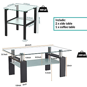 POULEII Living Room Table Set,3 Piece Glass Coffee and End Tables Set for Room,Coffee with Tempered Tabletop Metal Frame Apartment, Small Space Black