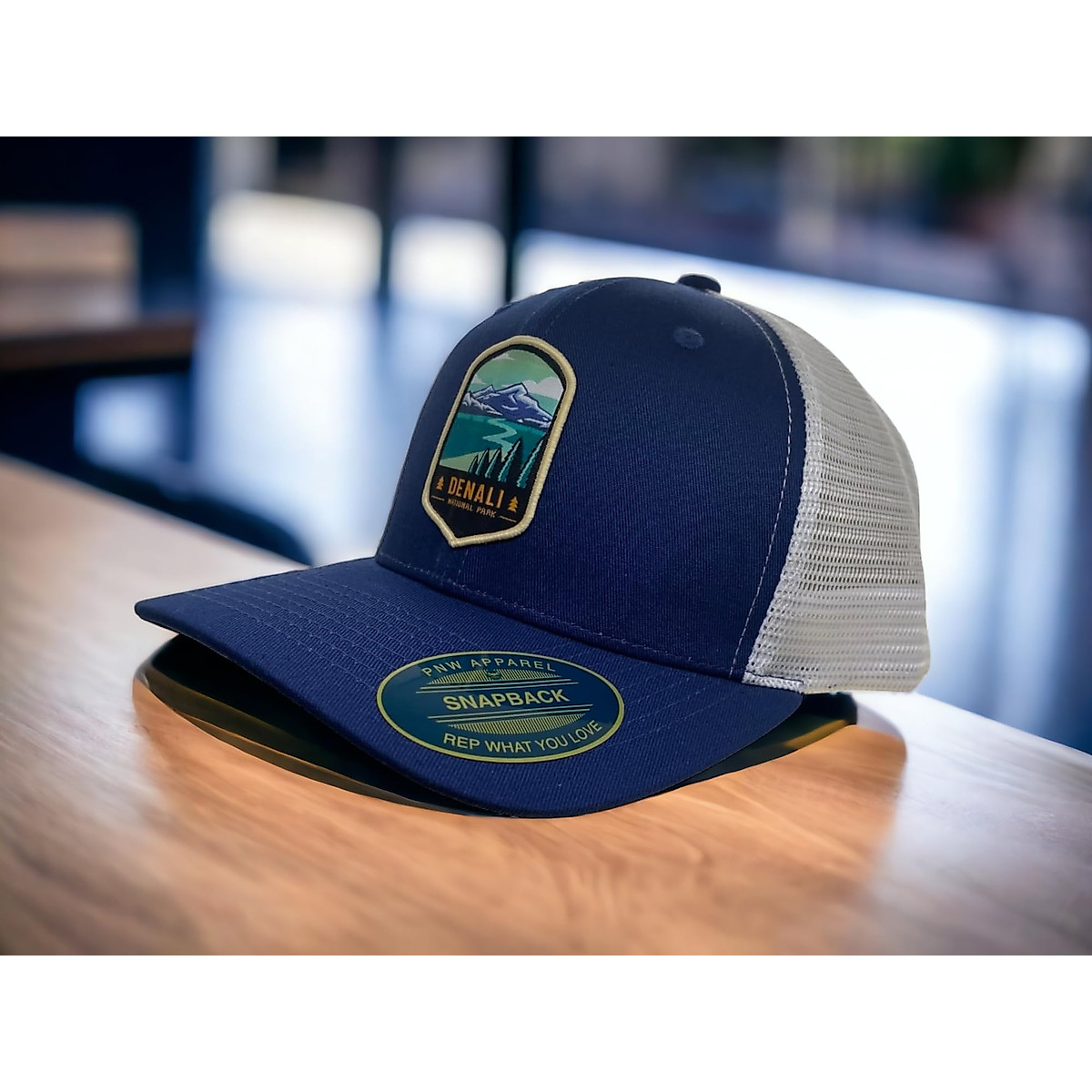 Denali Trucker Hat w/National Park Woven Patch (Navy/White)