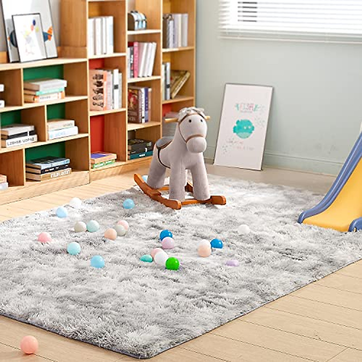LFHHT Area Rug 6x9 for Living Room Bedroom, Large Grey Fluffy Shag Area Rugs for Nursery Dorm Room Home Decor, Carpet Shaggy Fuzzy Rugs for Kids Girls Boys, Tie-Dyed Light Grey