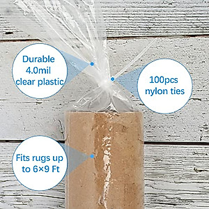 3 Pcs Large Plastic Rug Storage Bag, Fits Rug up to 6'x 9' Clear Carpet Bag Moving Bag with 100 Pcs Zip Tie Protects Rolled Rugs Perfect for Storage, Moving, Packing and Shipping
