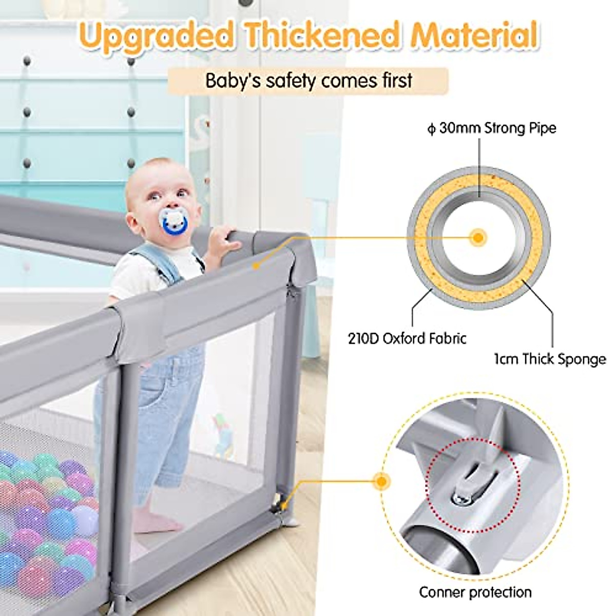 Baby Playpen Extra Large 79'' x 59'' Playpens for Babies and Toddlers, Sailnovo Extra Large Baby Play Pen Play Yard for Baby, Kids Activity Center with Anti-Slip Sucker and Handlers*2(Grey)