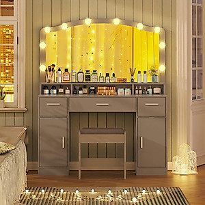 usikey Makeup Vanity with Lights, Vanity Desk, Makeup Vanity Table with 3 Drawers, 2 Cabinets & Long Storage Shelf, 10 Led Lights, Dressing Vanity Table with Stool, for Women, Girls, Bedroom, Grey