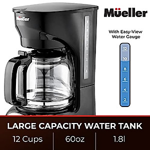 Mueller 12-Cup Drip Coffee Maker with Permanent Filter and Borosilicate Glass Carafe, Auto Keep Warm Function, Clear Water Level Window Coffee Machine