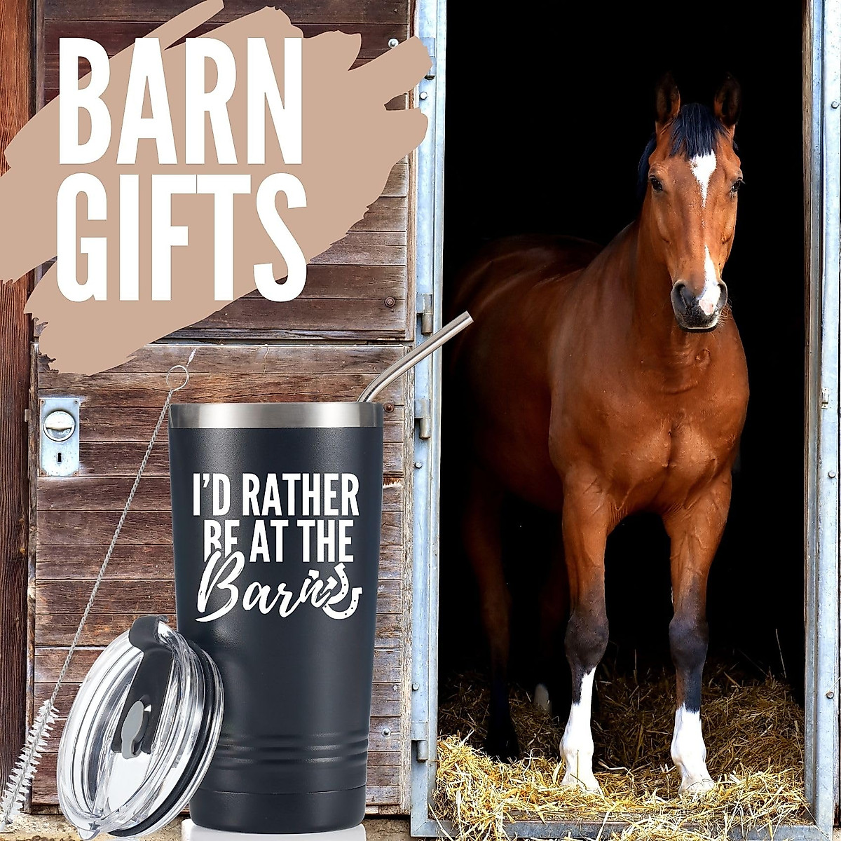 Onebttl Horse Gifts for Horse Lovers, Farmer, I'll Be At the Barn, Insulated Stainless Steel Tumbler with Lids and Straws on Birthday, Christmas, 20 oz, Black