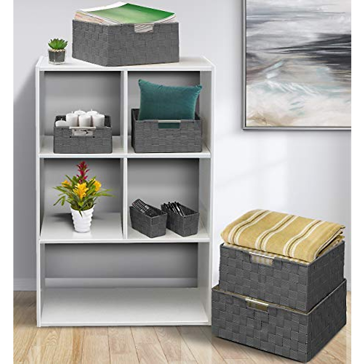 Sorbus Storage Box Woven Basket Bin Container Tote Cube Organizer Set Stackable Storage Basket Woven Strap Shelf Organizer Built-In Carry Handles (7 Piece - Grey)