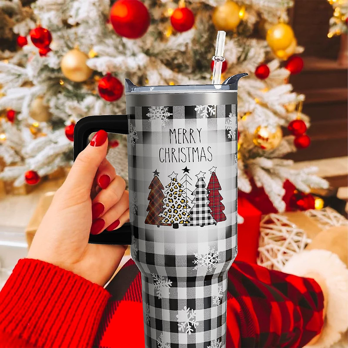 40 oz Christmas Tumblers with Handle and Straw, Christmas Tree Buffalo 40oz Stainless Steel Vacuum Insulated Travel Coffee Mug Cup Water Bottle, Christmas Decor Stuff Accessories Gifts for Women