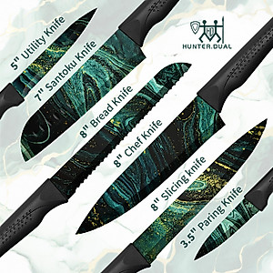 HUNTER.DUAL Knife Set, 12-PC Colorful Kitchen Knife Set, 6 Sharp Kitchen Knives with Covers for Cooking, Cutting&Chopping, Greenstone