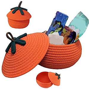 Halloween Pumpkin Basket with Lid,Candy Basket Decorative Cute Basket, Orange Woven Rope Basket Trick or Treat Bucket for Caddy Snacks Organizer (L)