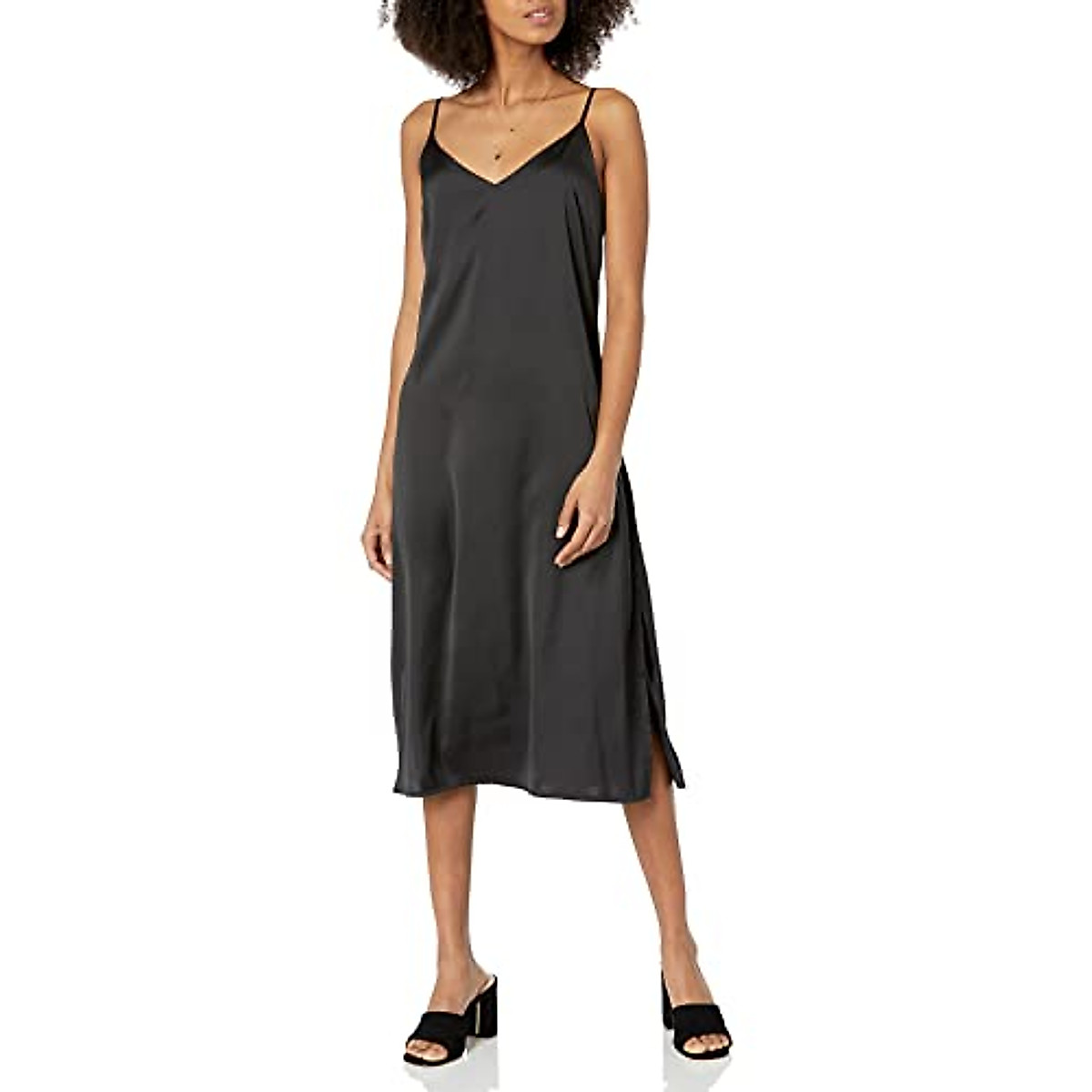 The Drop Women's Ana Silky V-Neck Midi Slip Dress Dress, -Black, S