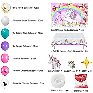 Unicorn Birthday Party Decorations Girls - 110PCS Unicorn Party Supplies, Balloon Arch Garland Kit with Unicorn Rainbow Birthday Backdrop, Unicorn Tablecloth, Birthday Balloons, Confetti Balloons