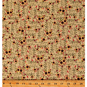 Springs Creative Cotton Give Thanks Sunflowers Words Writing Thanksgiving Holiday Autumn Seasonal Tan Cotton Fabric Print by The Yard (64341-B770710)