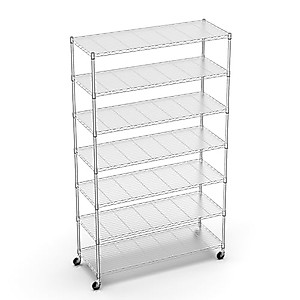 Chrome NSF 7 Tier Metal Shelf Wire Shelving Unit, 2450lbs Heavy Duty Adjustable Storage Rack with Wheels & Shelf Liners for Closet Kitchen Garage Basement Commercial Shelving - 82" H x 48" L x 18" D