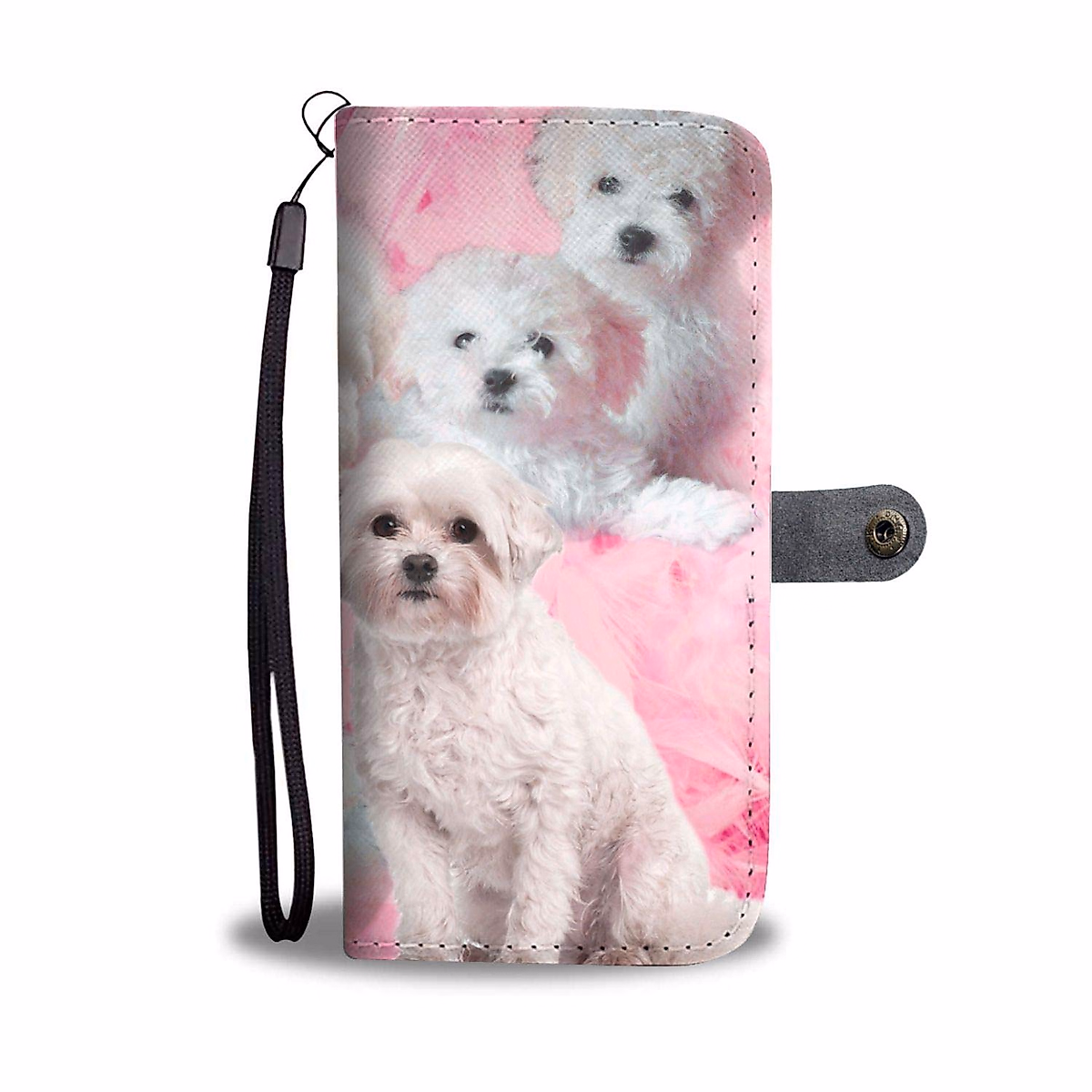Dog Print Phone Case, Cute Bolognese Dog Print Smartphone iPhone Wallet Case. Stunning Faux Leather Wallet Phone Cover/Stand for Samsung Galaxy, iPhone 6/7/8/X with RFID Protection