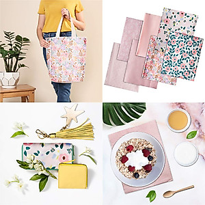 Lorvain 7PCS Pink Fat Quarters Fabric Bundles, Cotton Print Fabric with Green Leaf Red Fruit Gypsophila Strawberry White Flower for DIY Sewing Patterns Craft（19.6" x 15.7", Pink）