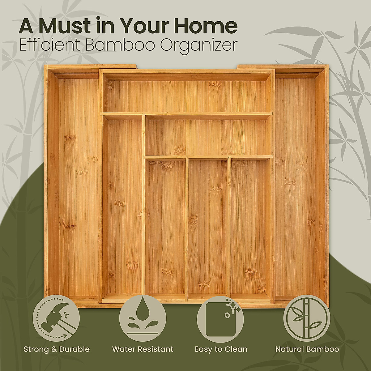 Bomba Bamboo Drawer Organizer – Premium Expandable Drawer Organizer for Cutlery and Kitchen Utensils – Natural Bamboo Wood Flatware and Cutlery Organizer – 8-Grid Silverware Tray for Drawer