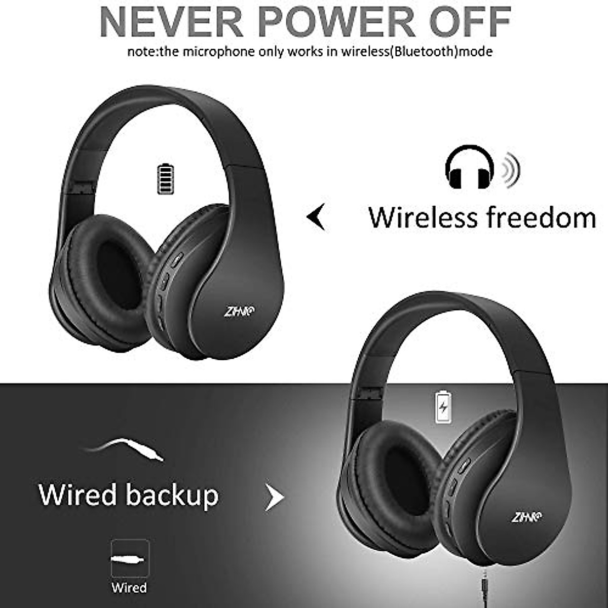 2 Items,1 Rose Gold Zihnic Over-Ear Wireless Headset Bundle with 1 Black Zihnic Foldable Wireless Headset
