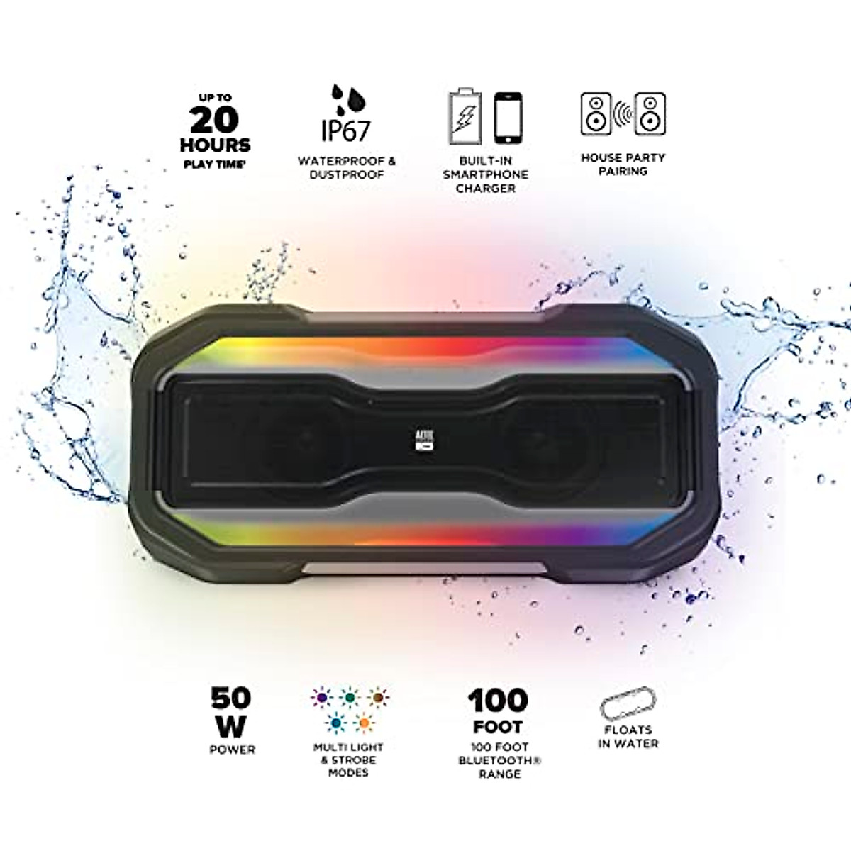 Altec Lansing ROCKBOX XL Wireless Bluetooth Speaker, Portable Waterproof Speaker with 20 Hour Playtime and 5 Illuminating LED Light Modes, Floating Wireless Speaker for Indoors and Outdoors