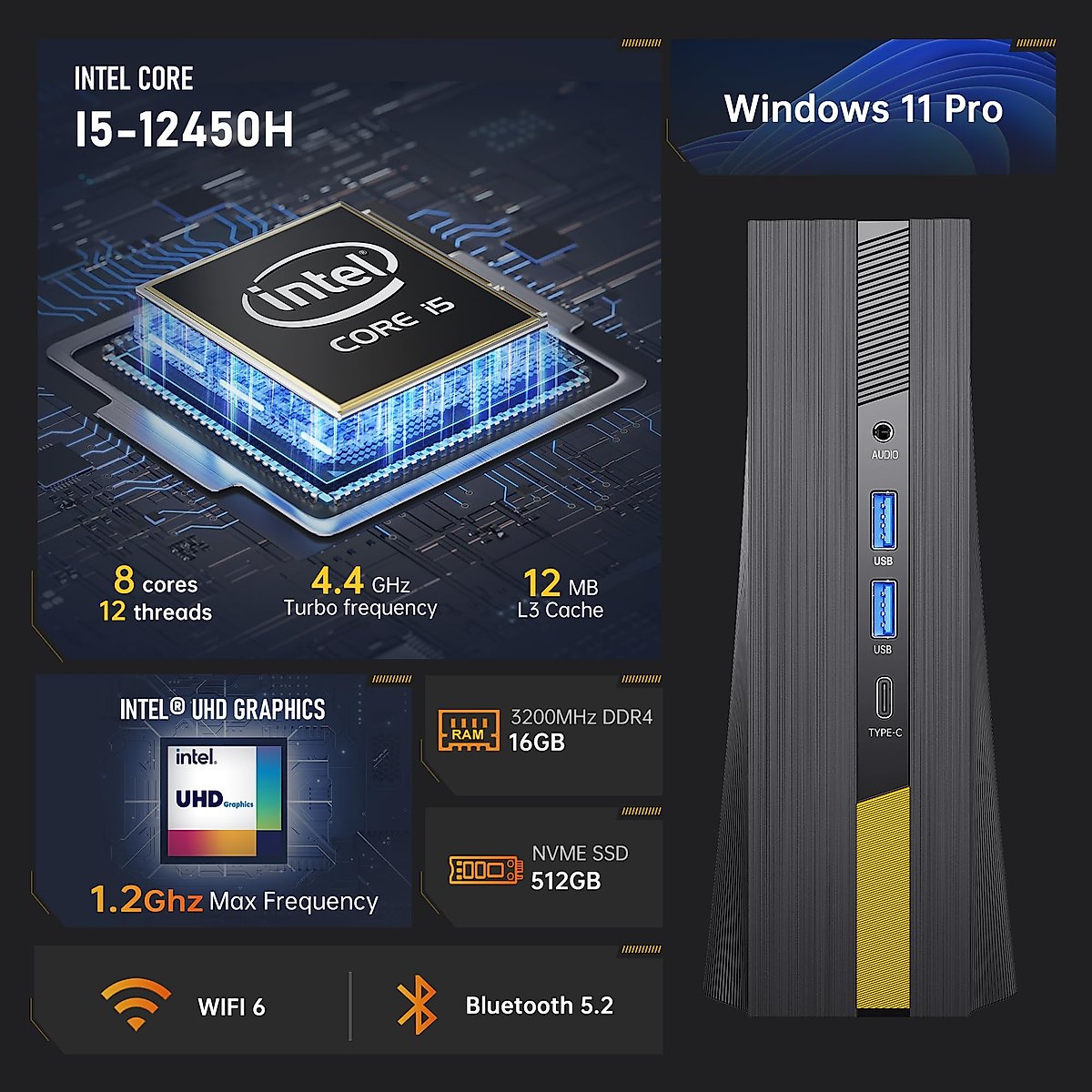 Mini PC Intel i5 12th-Gen 12450H (8 Cores, 12 Threads, up to 4.4GHz), ACEMAGICIAN Mini Computer 16GB DDR4 512GB SSD, WiFi 6/BT5.2/3-Screen 4K@60 Display Office Desktop, for Daily Use/Business/HTPC