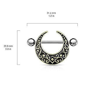 Pierced Owl Vintage Filigree Crescent Moon Nipple Shields, Sold as a Pair (Antique Silver Tone)