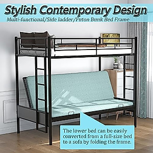 Twin-Over-Futon Convertible Couch and Bed, Metal Futon Bunk Bed with Guardrails and Ladder, Sturdy Steel Foldable Sofa-Bed for Kids Adults Teens (Twin Over Full Metal Bunk Bed, Twin)