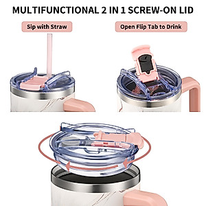 THILY 40 oz Stainless Steel Tumbler with Handle - Vacuum Insulated Travel Cup, Splash-Proof & Leakproof Lid, 2 Straws & Brush | Keeps Cold 34H/Hot 12H, Cupholder Friendly, Golden Bloom Whispers