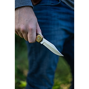 Uncle Henry LB7 Bear Paw Traditional Lockback Pocket Knife with 3.7in Clip Point High Carbon S.S. Blade, Wood Handle, Brass Bolsters, and Leather Belt Sheath for EDC, Hunting, Camping, and Outdoors