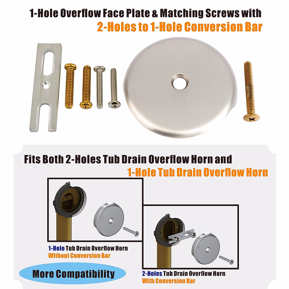 Brushed Nickel Universal Tub Drain Tip Toe Tub Conversion Kit Assembly, Artiwell EZ Installation Bathtub Drain Replacement Trim Kit with 1-Hole Overflow Face Plate and Pop-Up Tub Stopper