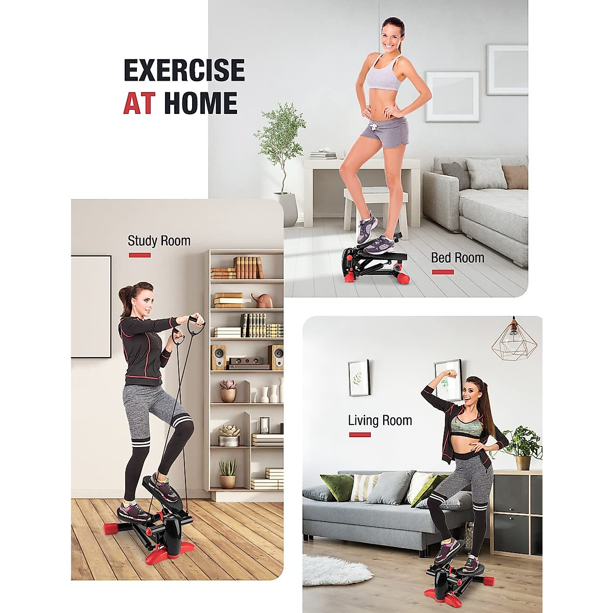 Stair Steppers for Exercise, Mini Stepper with Resistance Bands Portable Stair Climber Fitness Step Machine with LCD Monitor for Home Gym Office Workout Exercise Equipment, Red