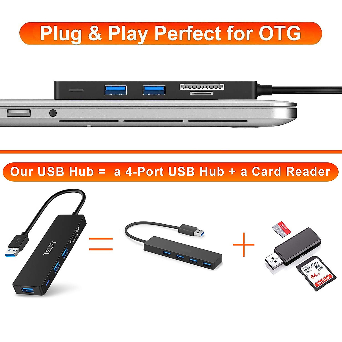 USB 3.0 Hub TSUPY Multi USB HUB, 5 in 1 USB Data Hub with SD Micro SD Card Reader & 3 USB 3.0 Ports Compatible for PC