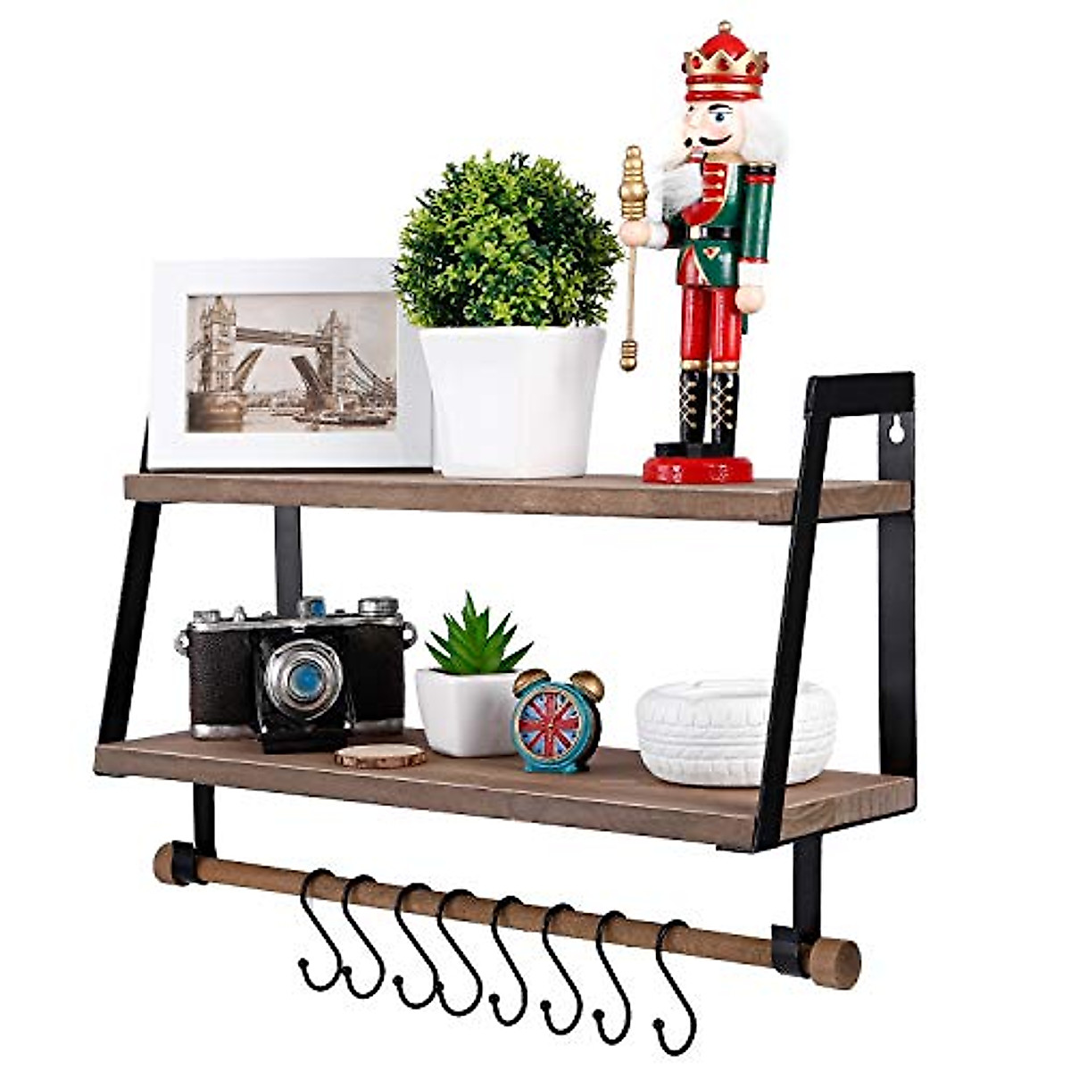 Kakivan 2-Tier Floating Shelves Wall Mount for Kitchen Spice Rack with 8 Hooks Storage, Rustic Farmhouse Wood Wall Shelf for Bathroom Décor with Towel Bar.