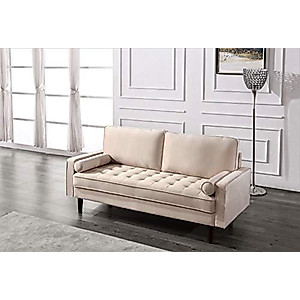 Container Furniture Direct Womble Modern Velvet Upholstered Living Room Diamond Tufted Chesterfield Sofa with Gleaming Nailheads, Biscuit