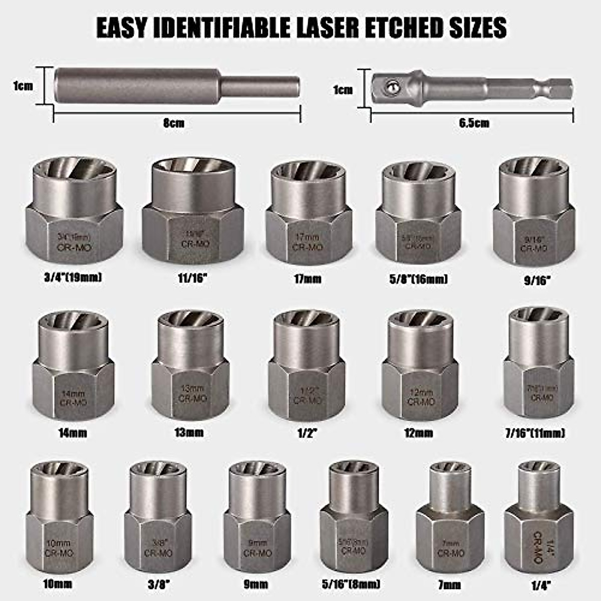 Topec 18-Piece Stripped Nut Remover, 3/8” Drive Impact Extractor Set, Damaged Bolt Nut Remover with Hex Adapter, Perfect Tool Kit for Removing Stripped, Damaged, Rounded off and Rusted Bolts & Nuts