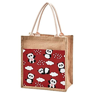 Jute Burlap Tote Bag Panda Red Black Cloud Sky Rain Drops Cute Animal Large Capacity Reusable Grocery Shopping Storage Bag