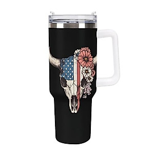 U.S Flag Cow Skull Tumbler with Handle Travel Mug Water Bottle Tea Coffee Cup White-style