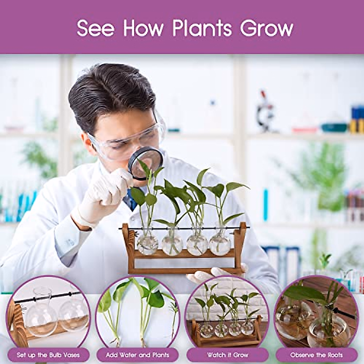 Plant Propagation Station Terrarium with Wooden Stand – Plant Terrarium Stand with 4 Glass Planters for Indoor Plants – Air Plant Holder for House Plants, Home and Office Decor