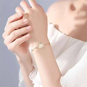 Rofeego Natural White Jade Rabbit Bunny Charm Link Bracelet 925 Sterling Silver Adjustable Mother's Day Gift Anniversary Jewelry Birthday Gifts for Women Wife Girlfriend Her (22k gold plated)