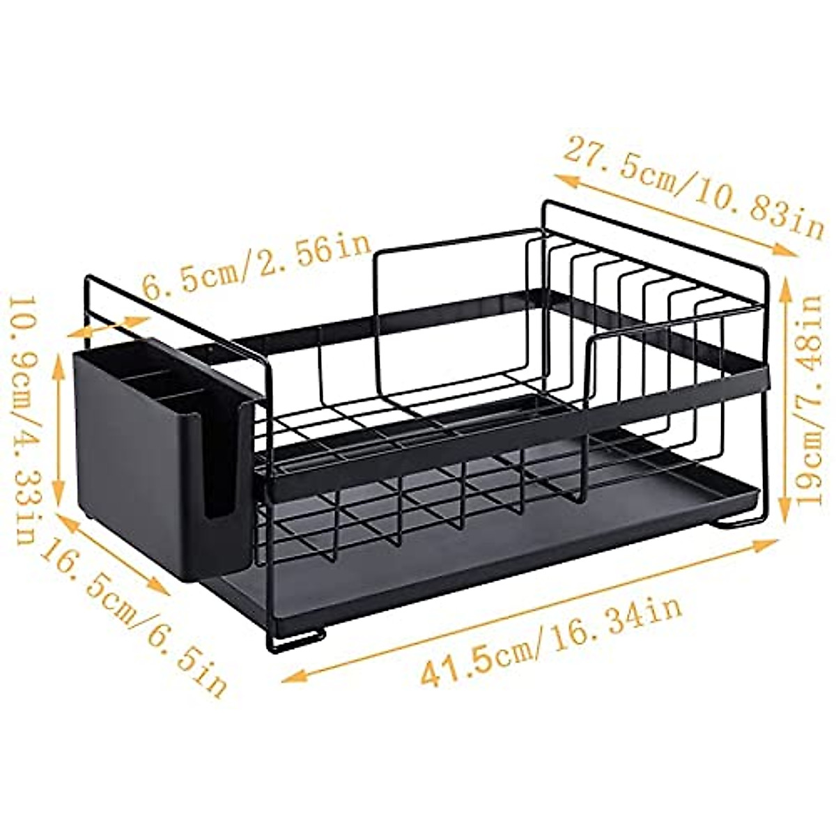 SUNFICON Dish Drainer Dish Drying Rack Kitchen Countertop Dishes Draining Holder Organizer with Drip Tray Cutlery Utensil Holder Heavy Duty Metal RV Studio Small Apartment 18.5x10.83x7.48in,Black