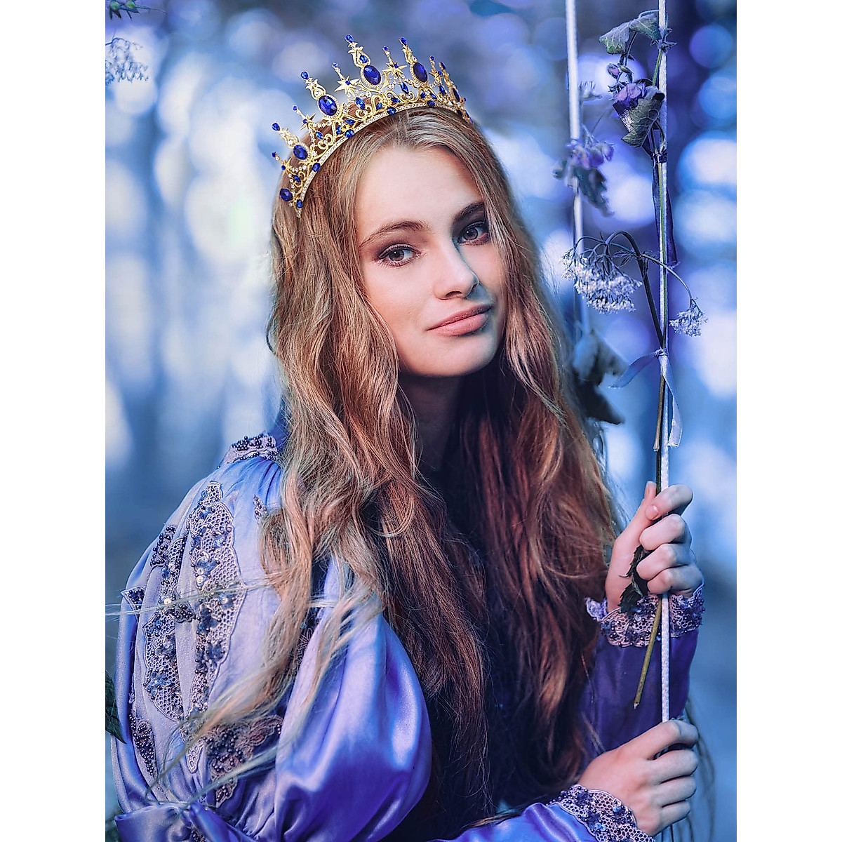 SWEETV Couple Crowns for Women & Men,Crystal Queen Tiara King Crown Set,2-Pack Gold Blue Medieval Hair Accessories for Prom Wedding Photo Shoot Birthday